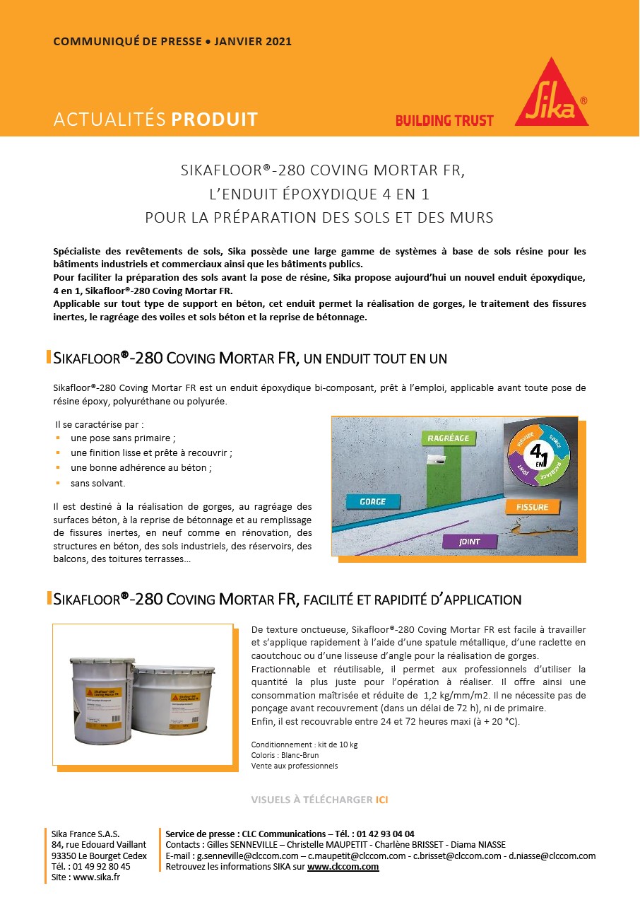 Sikafloor®-280 Coving Mortar FR, l’enduit époxydique 4 en 1 pour la ...
